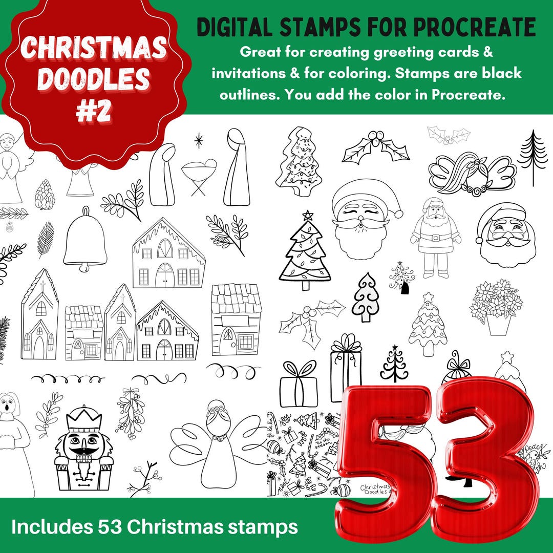Christmas Doodles 2 Procreate Stamps Brushes Digital Art Card Making ...
