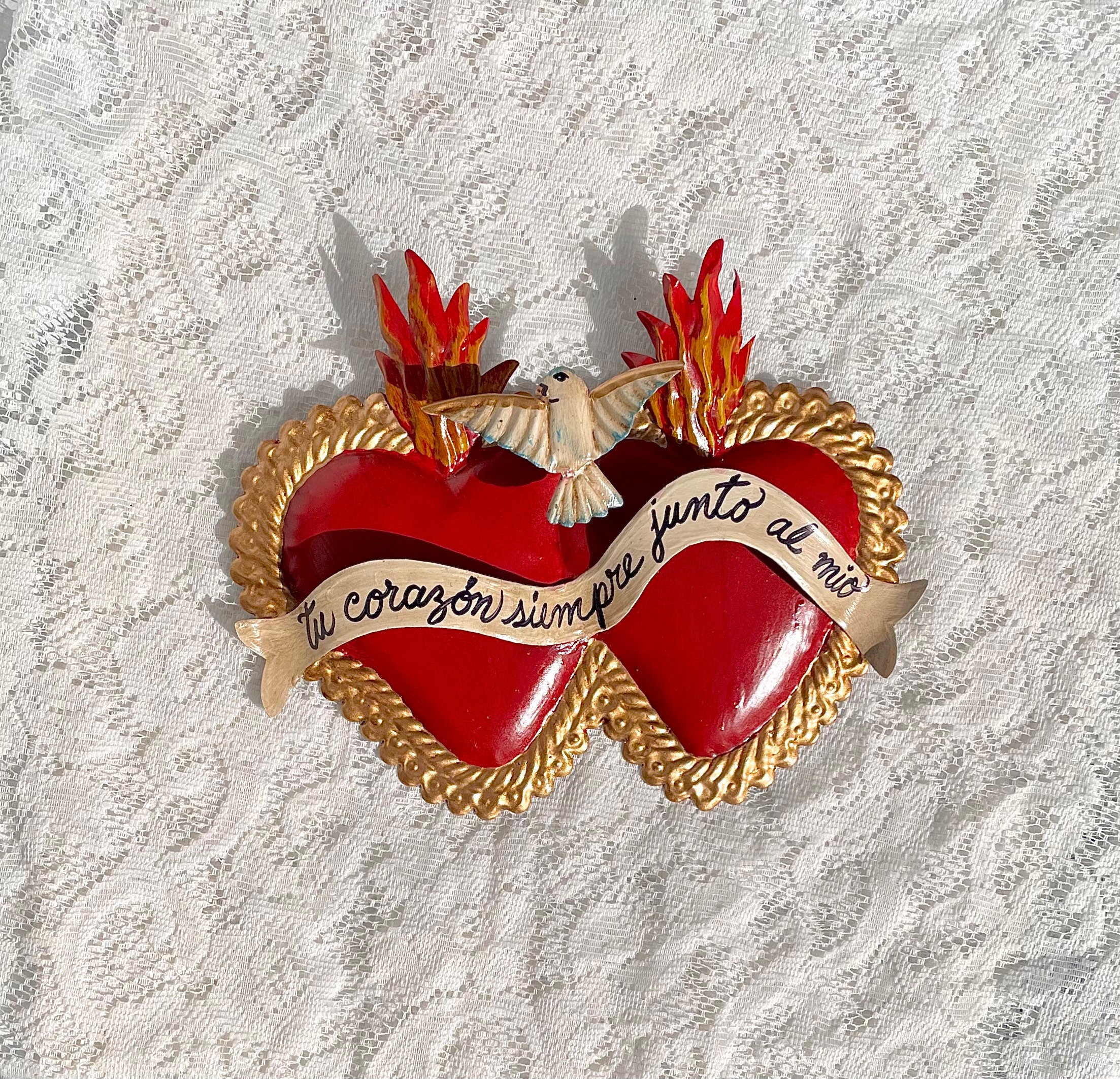 Double Heart with Dove Hand Painted Sacred Heart | Etsy