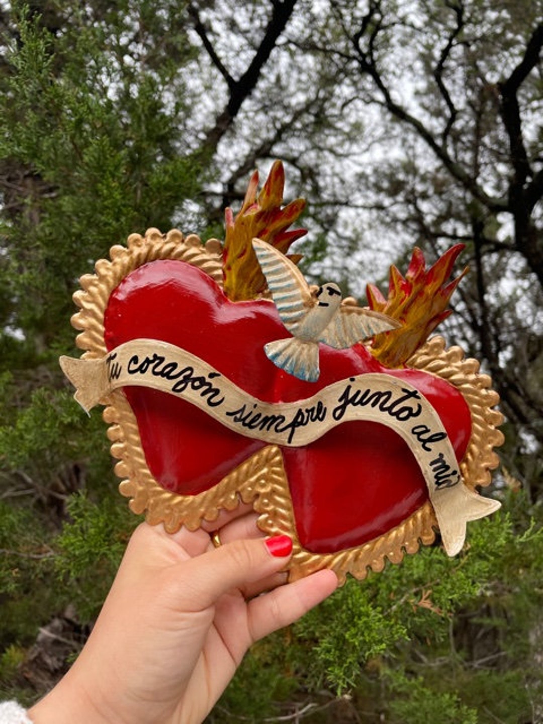 Double Heart With Dove Hand Painted Sacred Heart - Etsy