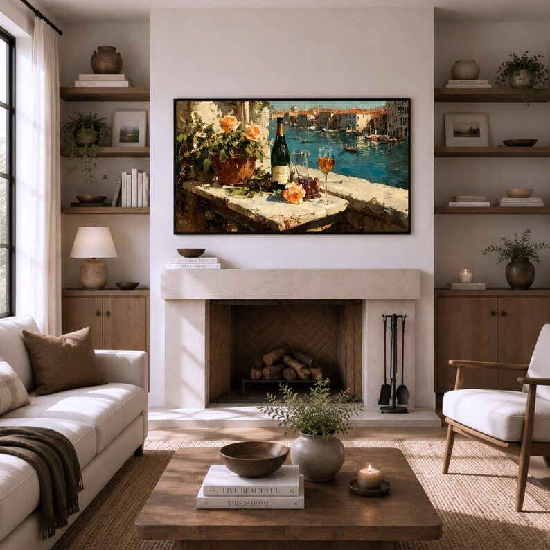 Frame TV Art: Wine and Roses Painting, Mediterranean Coastal Wall Art ...