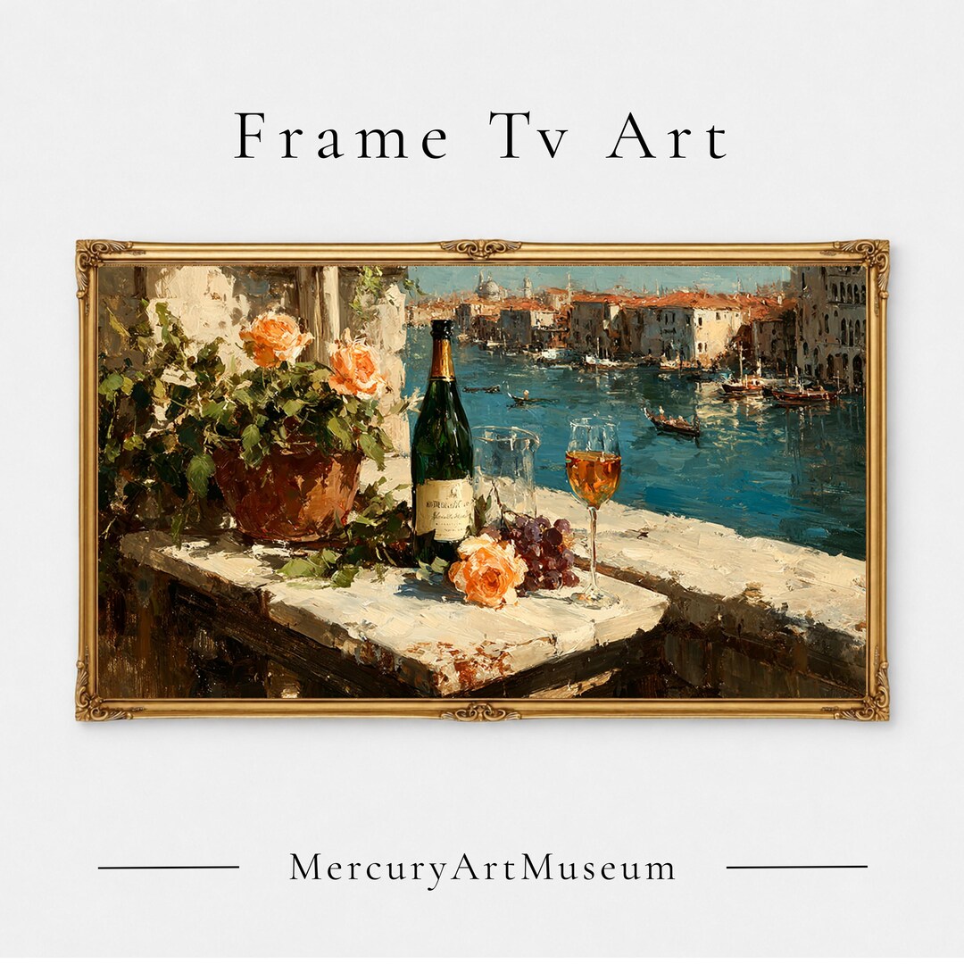 Frame TV Art: Wine and Roses Painting, Mediterranean Coastal Wall Art ...