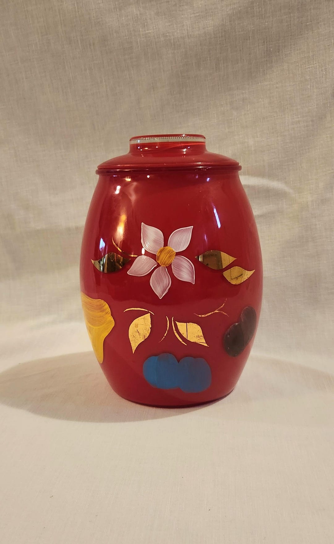 Vintage Bartlett Collins Gay Fad Glass Cookie Jar Red With Fruit and ...