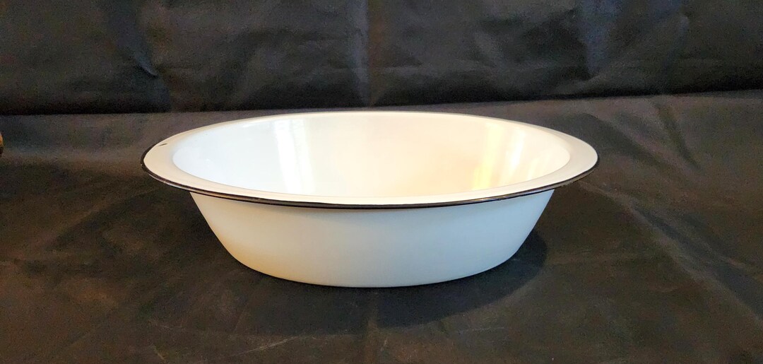Vintage Large Porcelain Enamel Ware Oval Wash Tub Basin White and Black ...