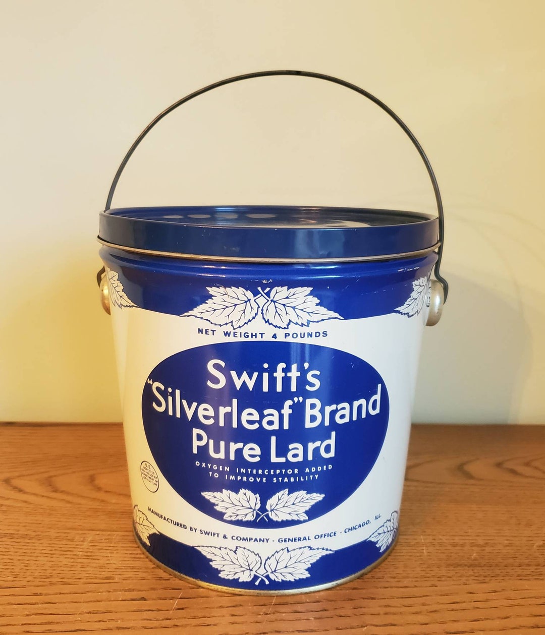 Vintage Swift's Silverleaf Brand Pure Lard Pail 4 Lb. Tin Blue and ...