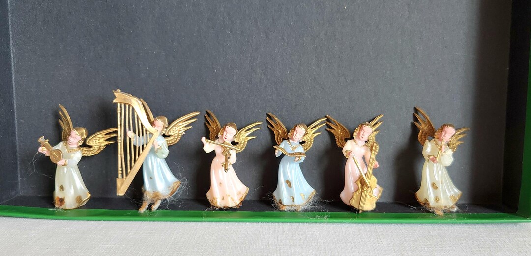 6 Vintage Christmas Miniature Angels Playing Instruments, White, Blue ...