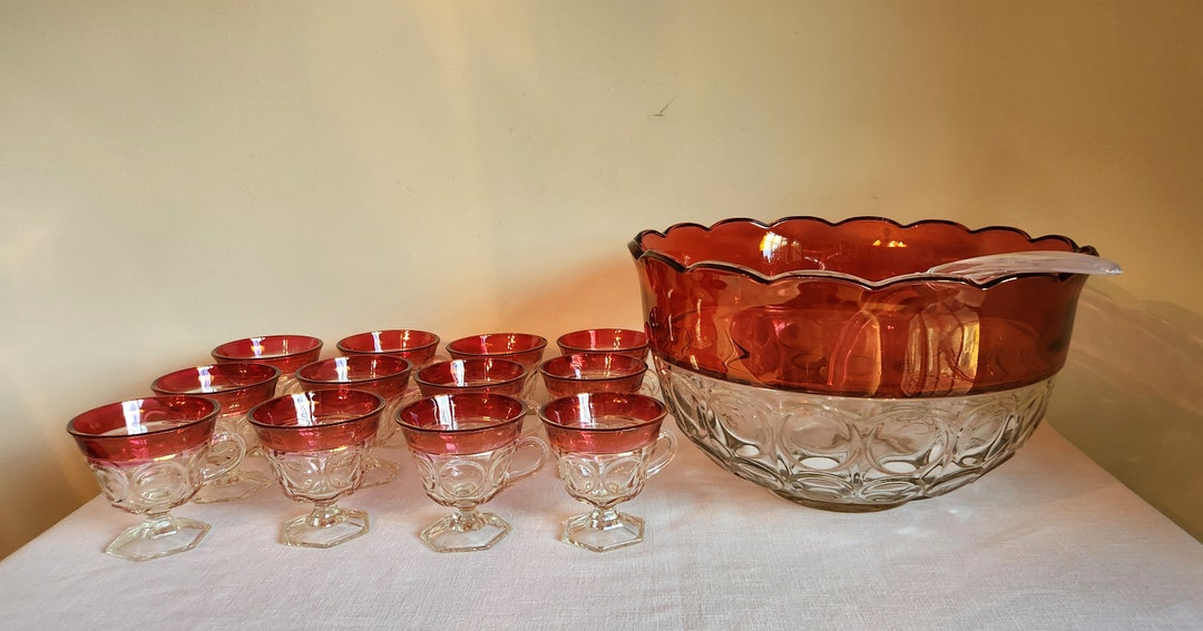Mid Century Indiana Glass Lexington Punch Bowl Set With Ladle and 12 ...