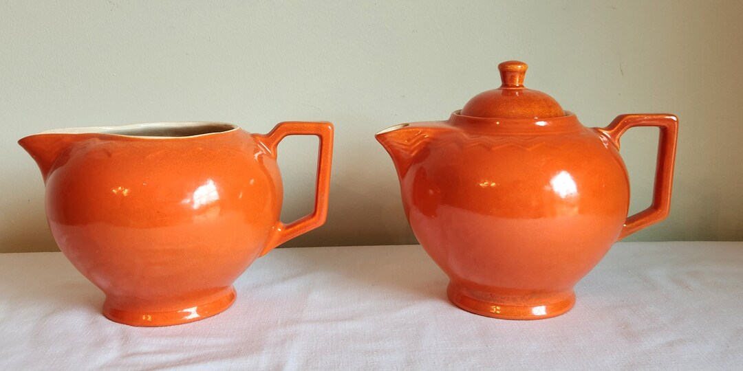 Vintage Red Wing Chevon Orange Teapot and Pitcher - Etsy