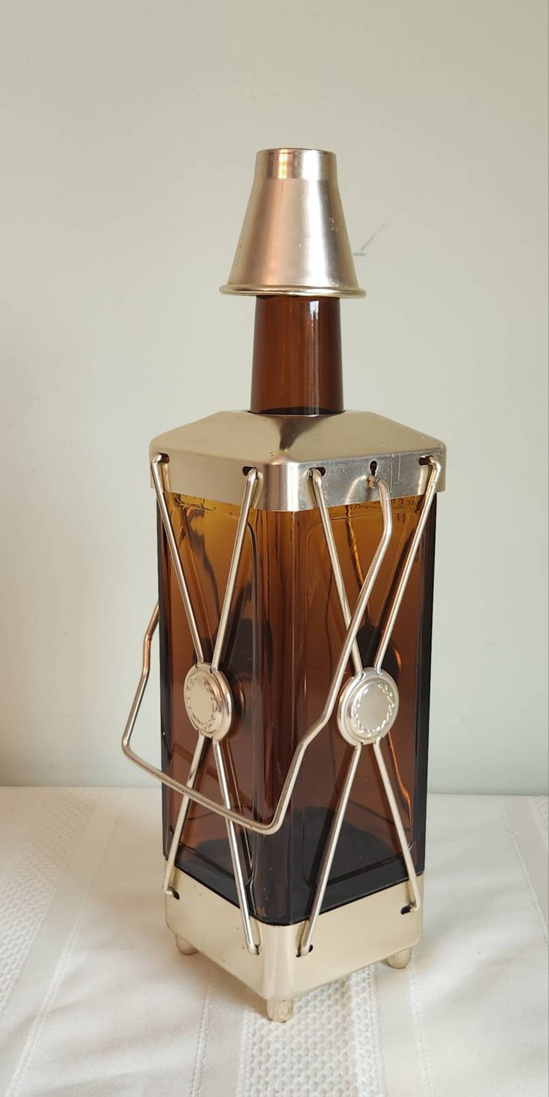 Vintage Amber Glass Musical Square Decanter Bottle With Metal Caddy and ...