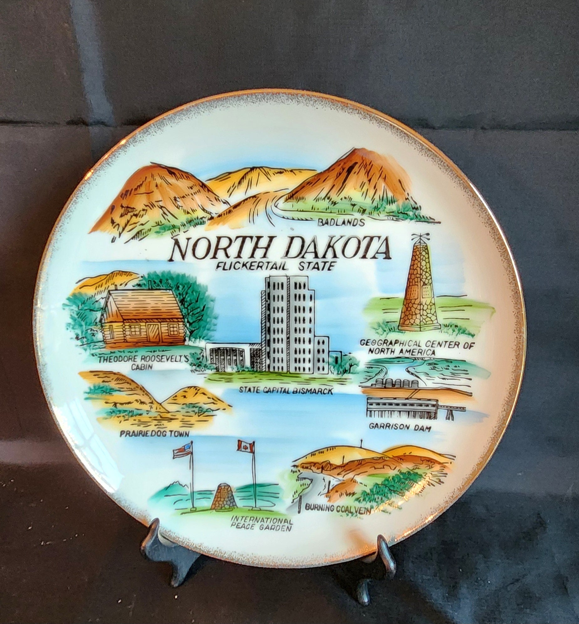 Vintage North Dakota State Souvenir Plate ND Landmarks Flickertail ...