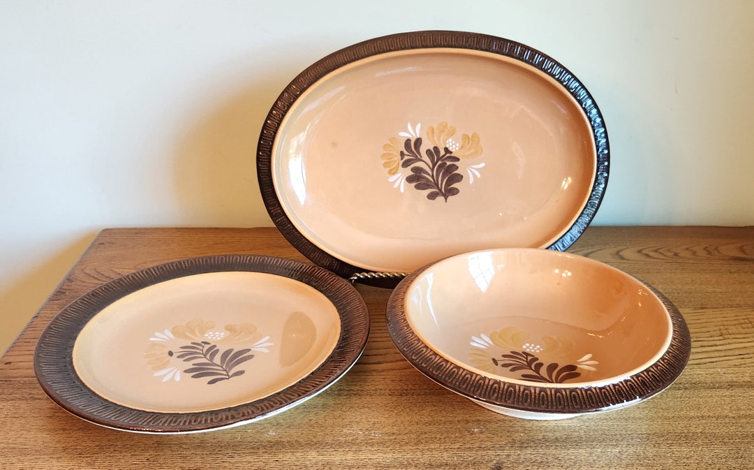 Vintage Red Wing Dinnerware HEATHERSTONE Ceramastone Hand Painted Brown ...