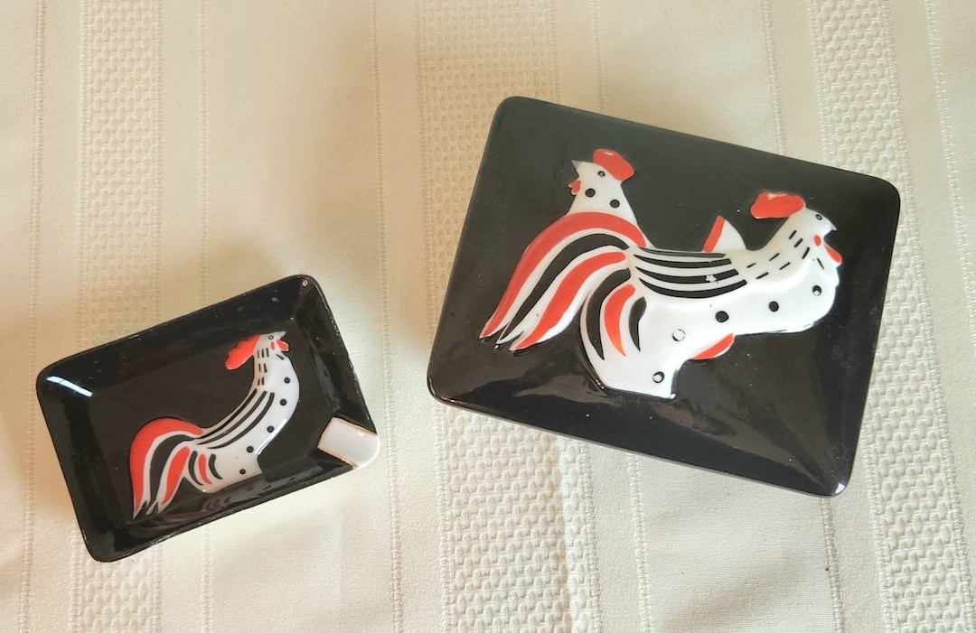 Vintage Lefton Black Rooster Cigarette Box and Matching Ashtray Trinket ...