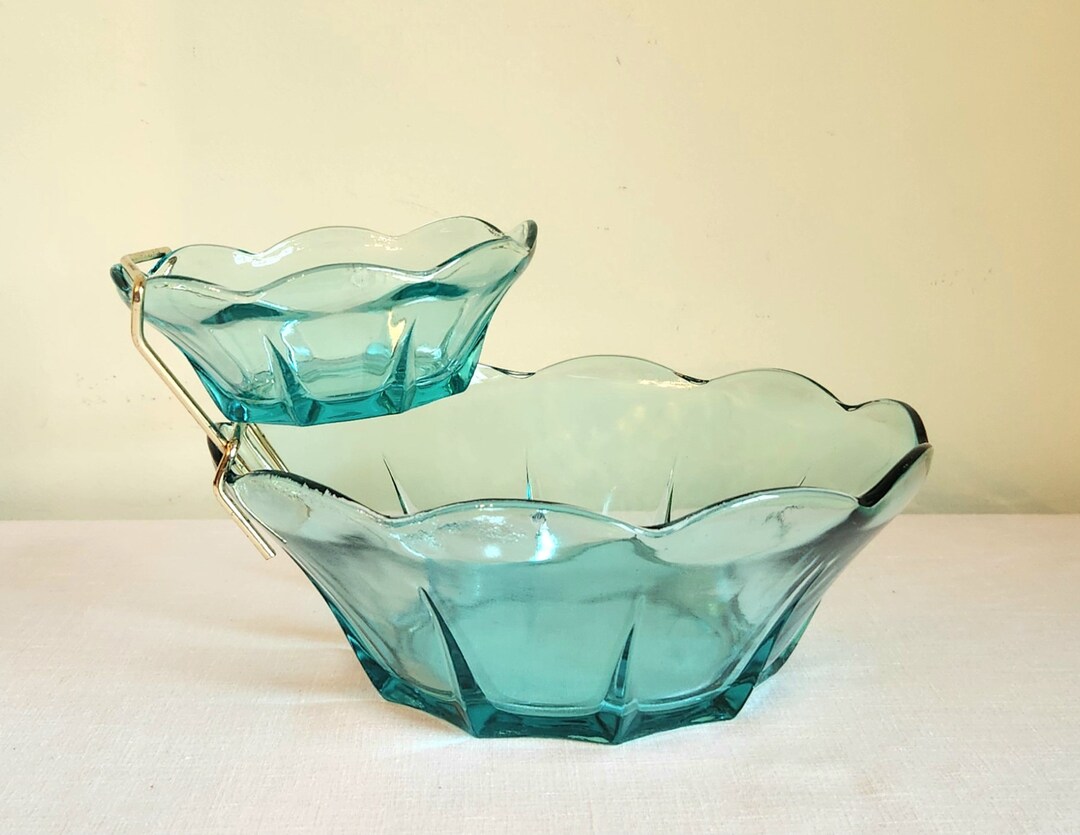 RARE Sea Glass Blue Glass Chip & Dip Bowl With Metal Holder Anchor ...