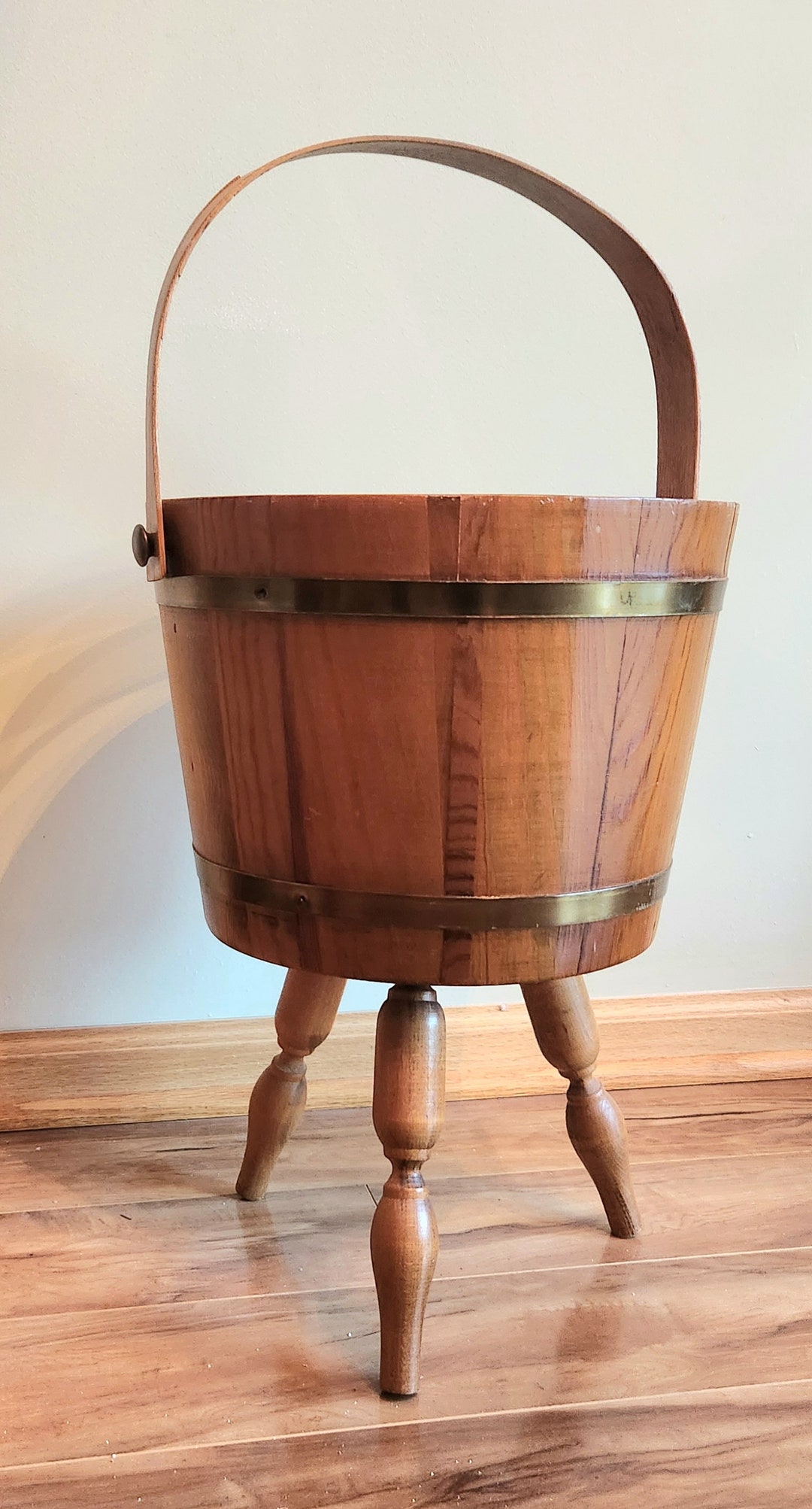 Vintage Wood Barrel With Spindle Legs and Handle Round Farmhouse ...