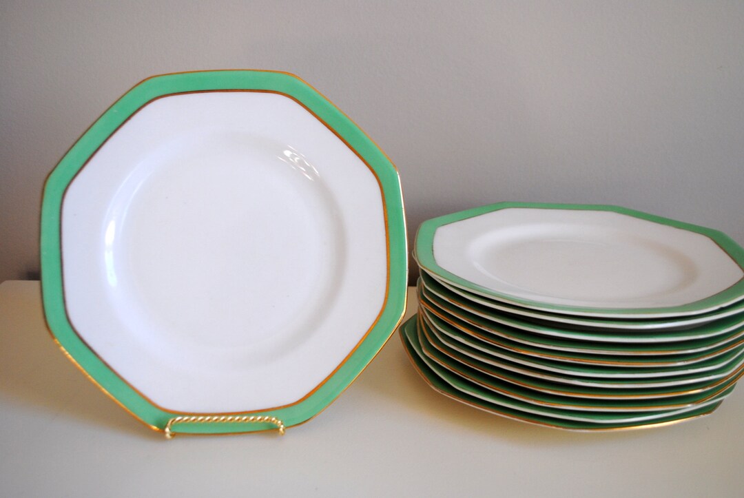 Royal Doulton Tea Plates, Set of 12, Green and White, Gold Trim, 9 ...