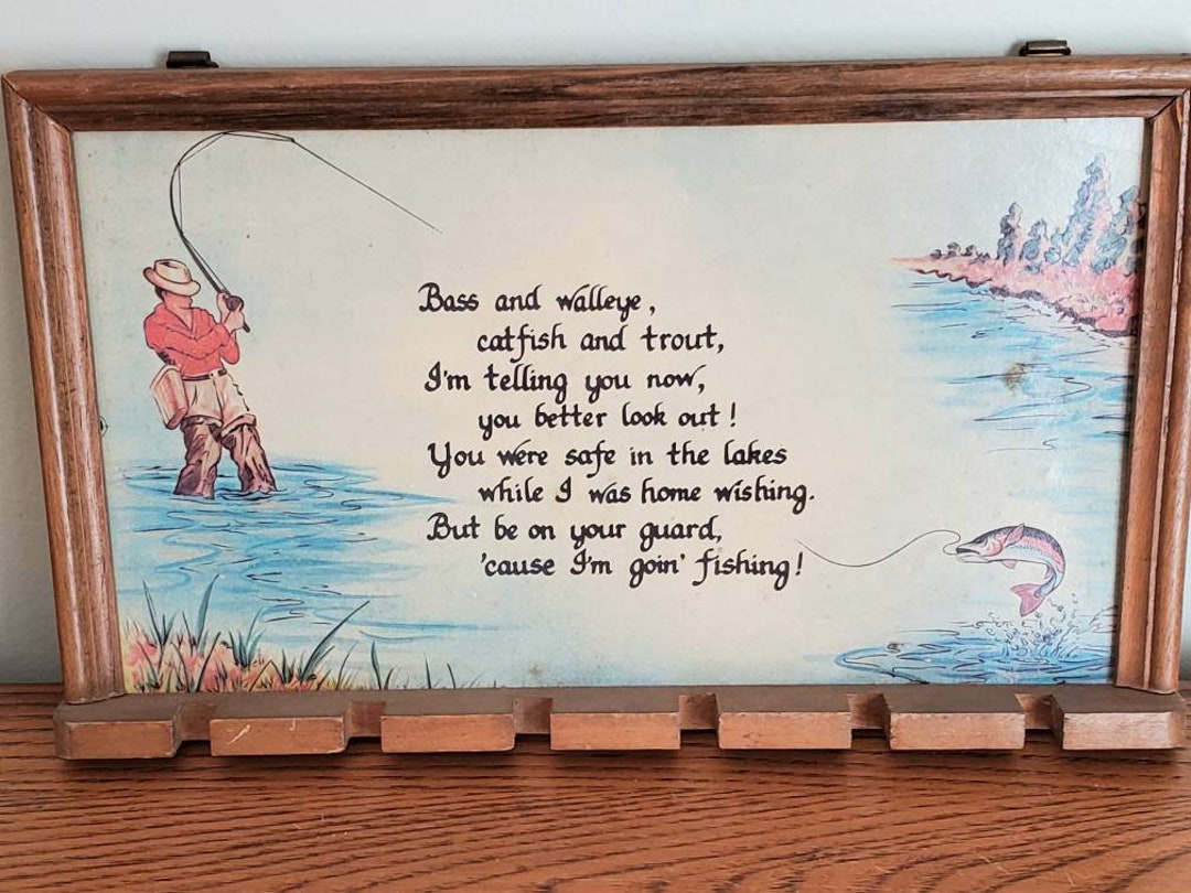 Vintage Fishing Poem Wall Hanging Picture Fishing Pole Holder Cabin ...