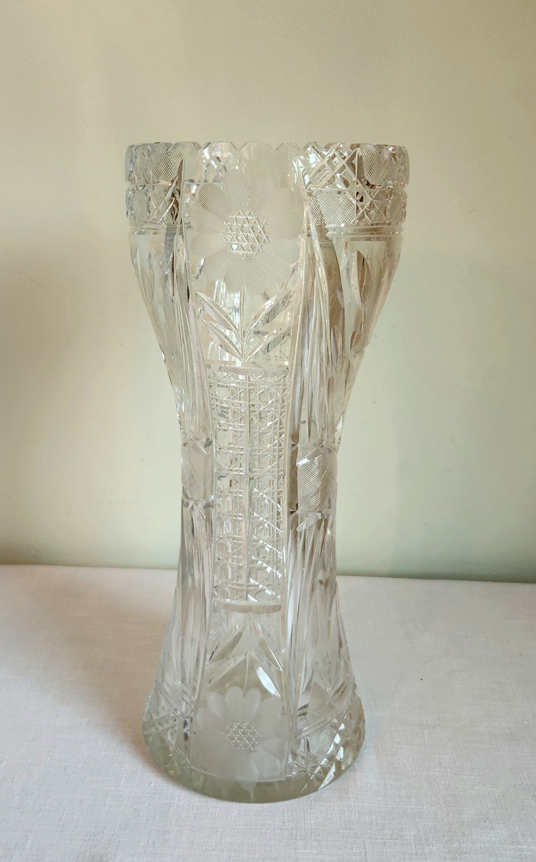 12" Lead Crystal Cut Glass Floral Design Corset Vase Cross Hatch ...