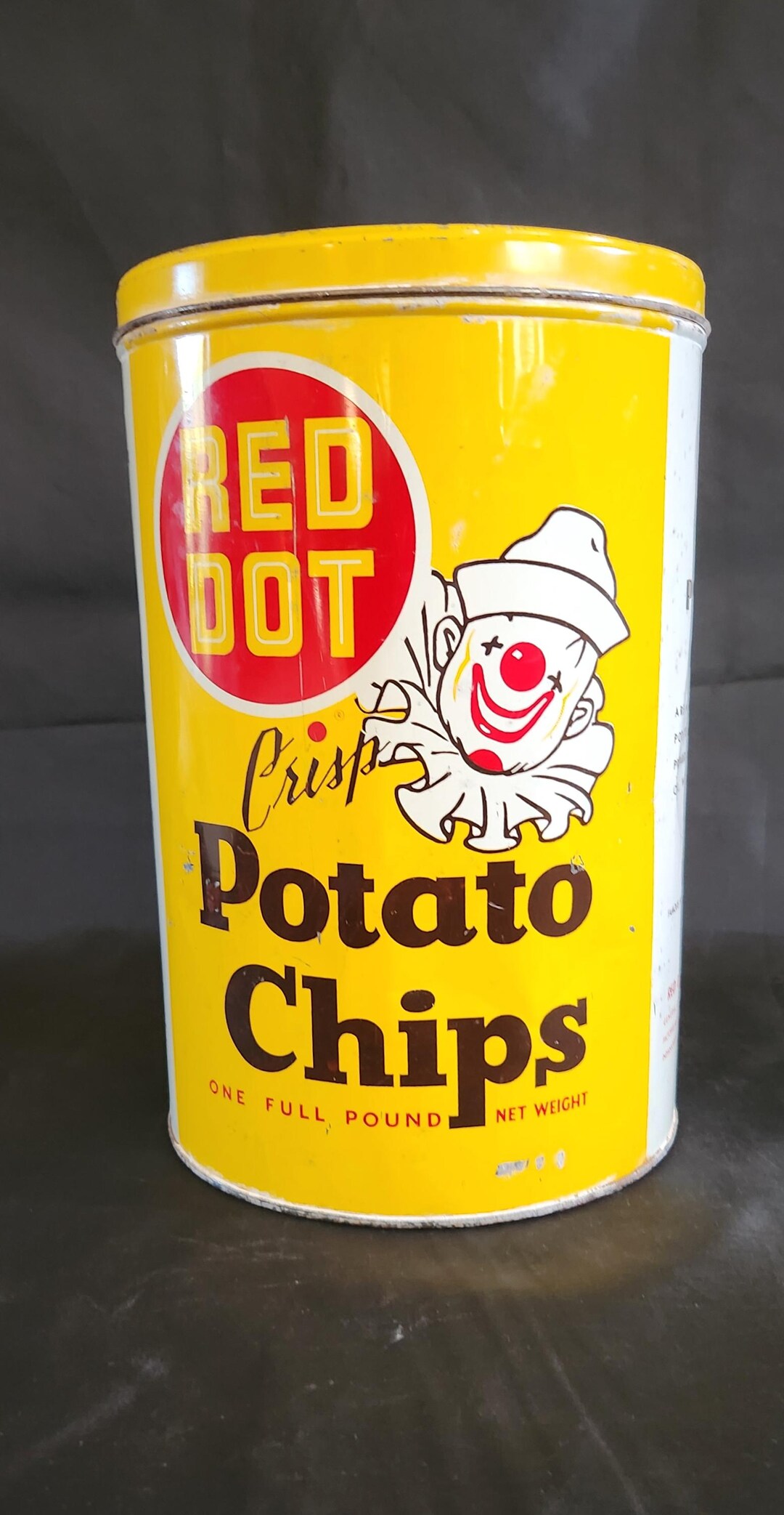 Vintage RED DOT Potato Chips Tin Can Golden Yellow and Red Clown ...