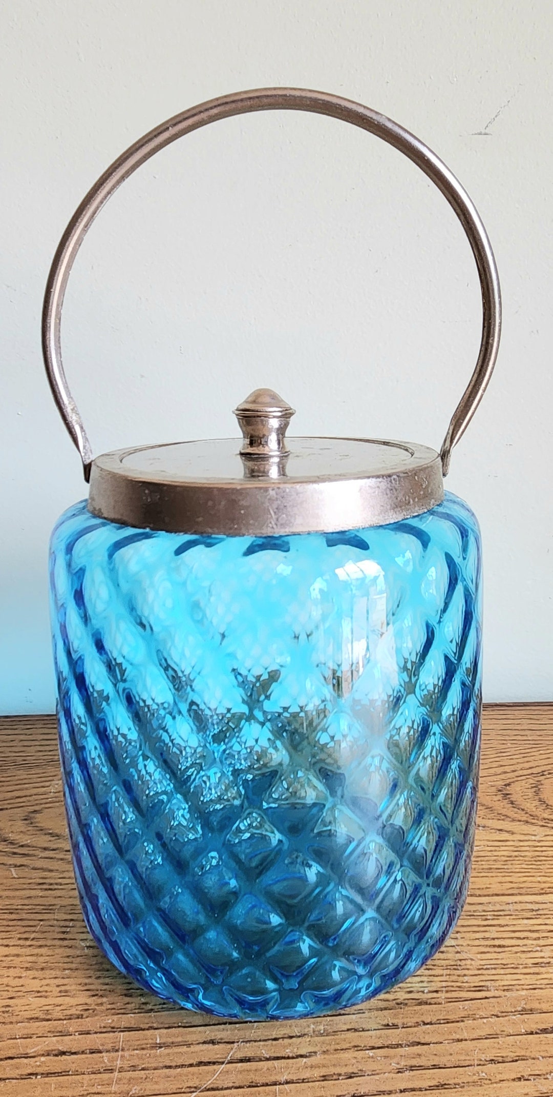 Antique Victorian Dimple Blue Glass Biscuit Cracker Jar Diamond Quilt ...