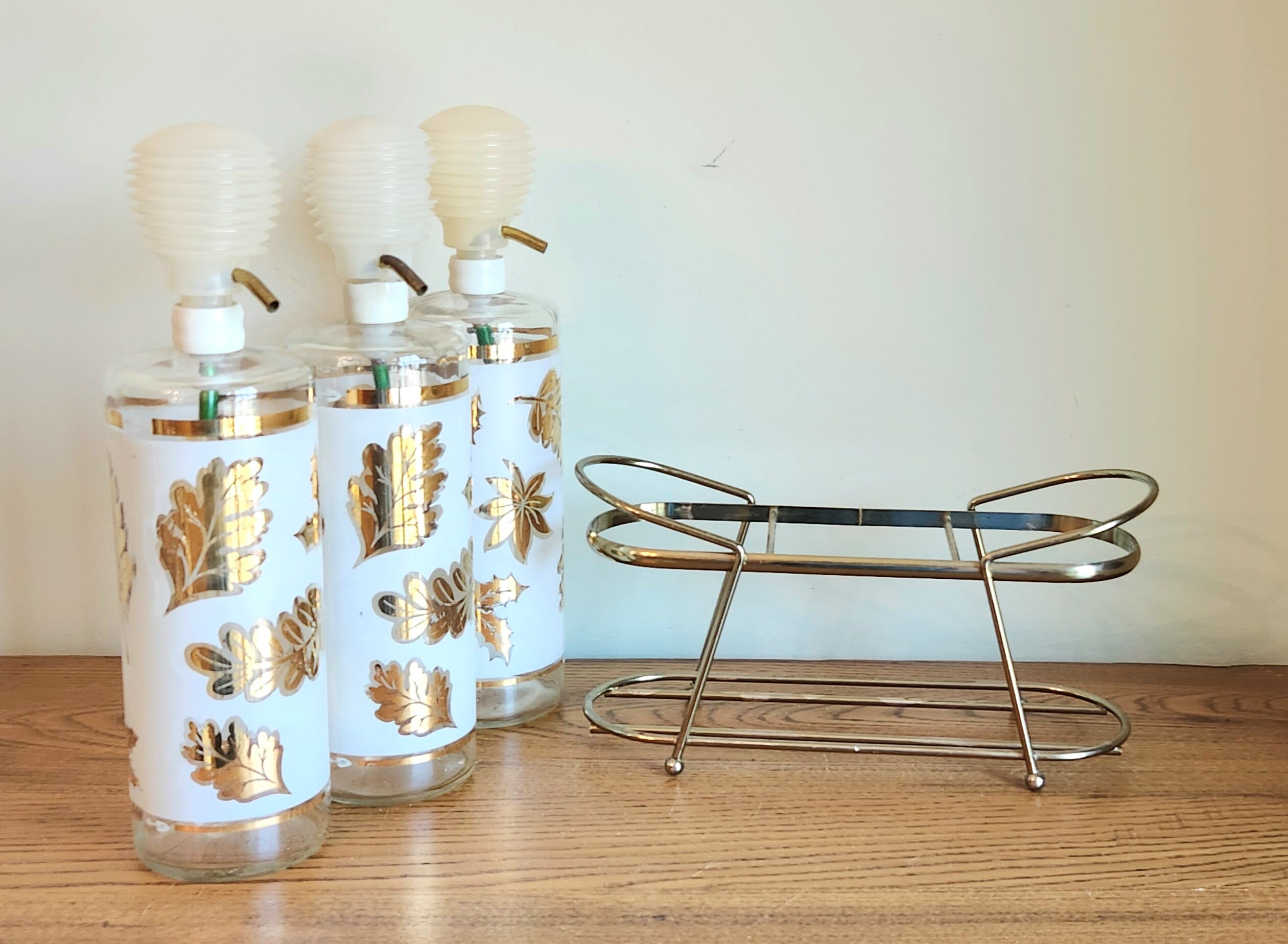 Mid Century Libby Gold Leaf Pump Decanter Set, Signed Aldon, 3 ...