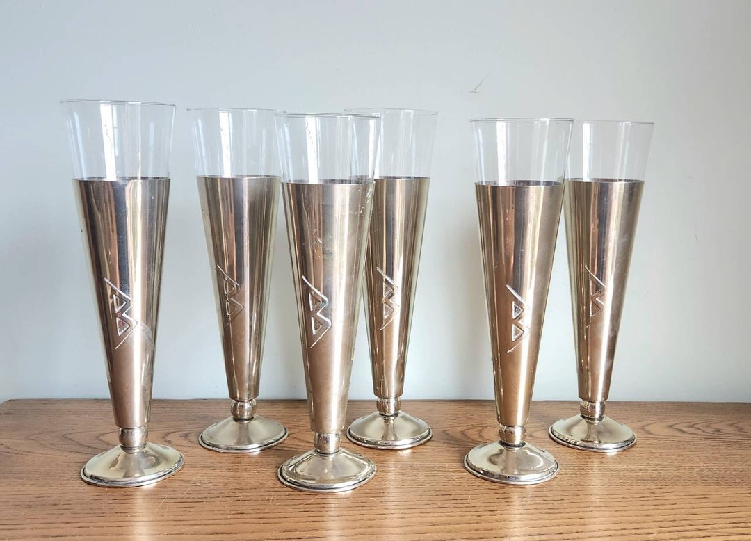 Art Deco German Silver Champagne Trumpet Flutes With Glass Inserts ...