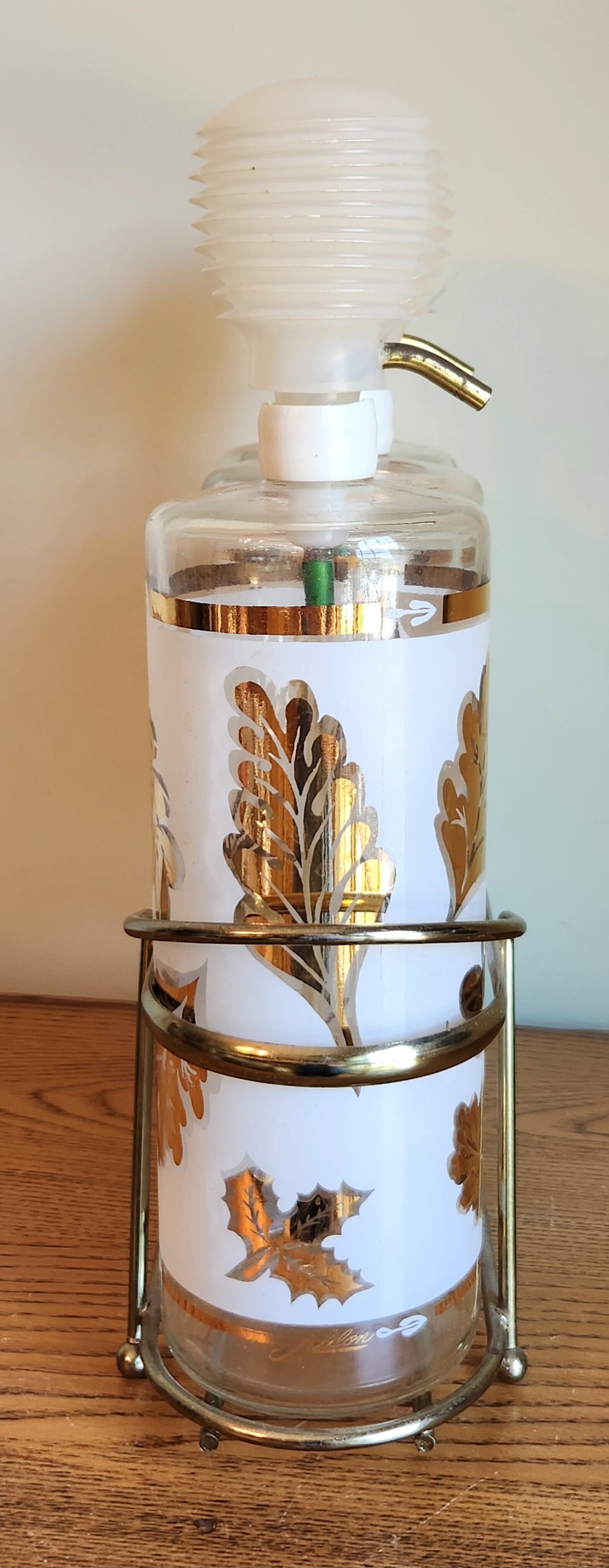 Mid Century Libby Gold Leaf Pump Decanter Set, Signed Aldon, 3 ...