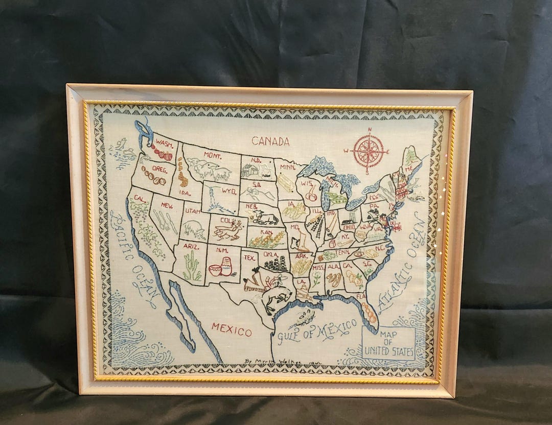 Vintage Hand Embroidered Map of United States, Framed, Farmhouse Décor ...