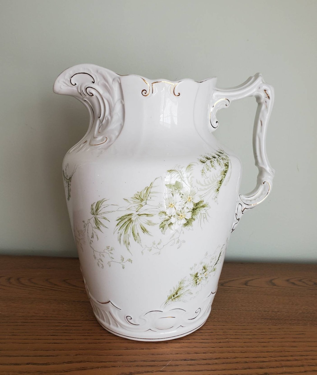 Large Alba China Ivory White Ironstone China Water Pitcher With Green ...