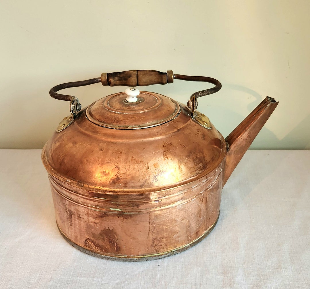Large Farmhouse Copper Tea Kettle Revere Teapot, Wood Handle, Porcelain ...