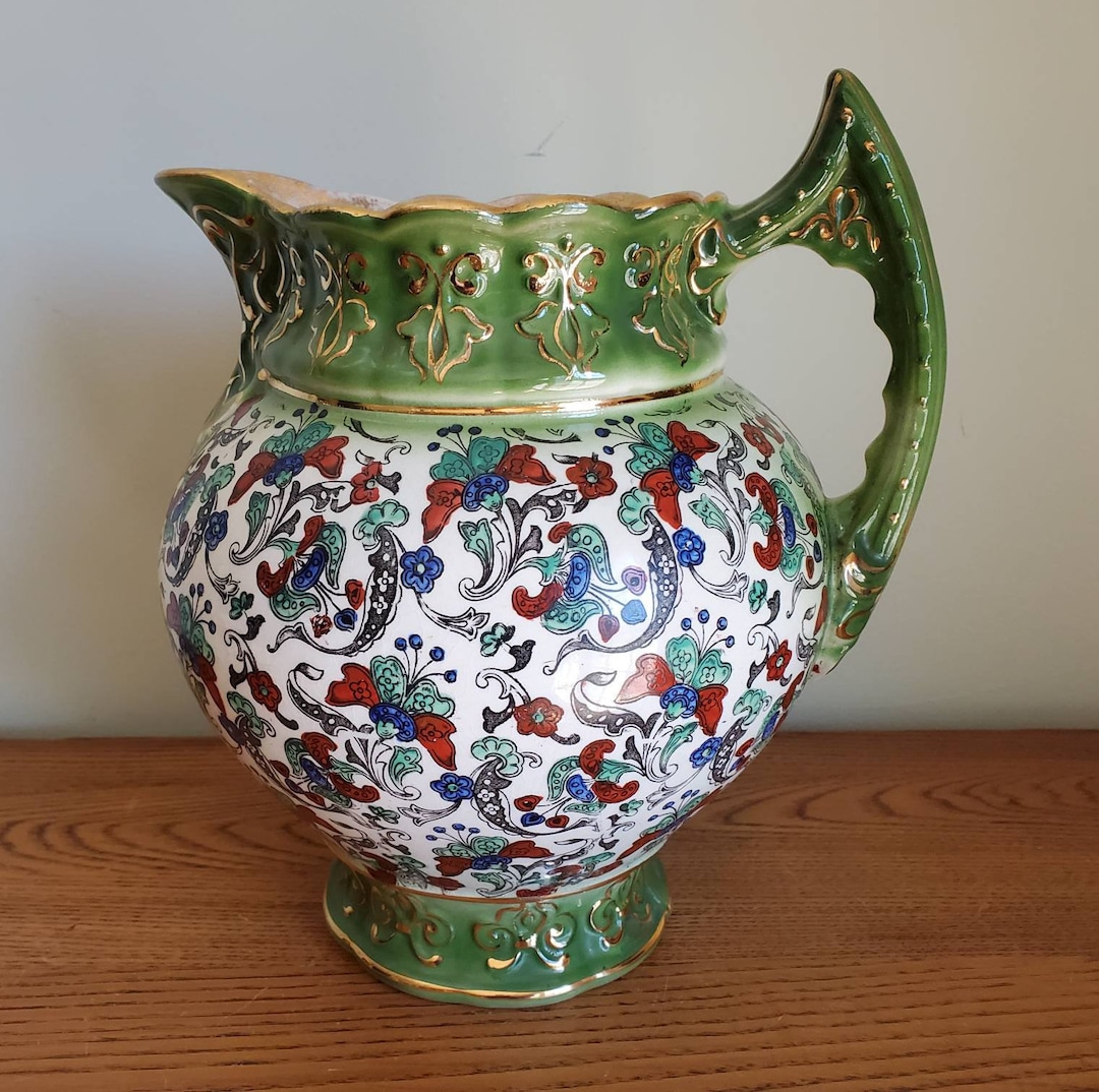 Vintage D.F. Haynes Large Green Pottery Water Pitcher - Etsy