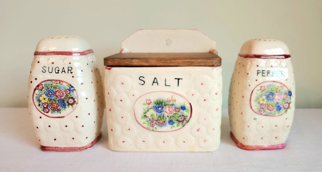 Vintage Japan Majolica Salt Box Cellar, Sugar Shaker and Pepper Shaker ...