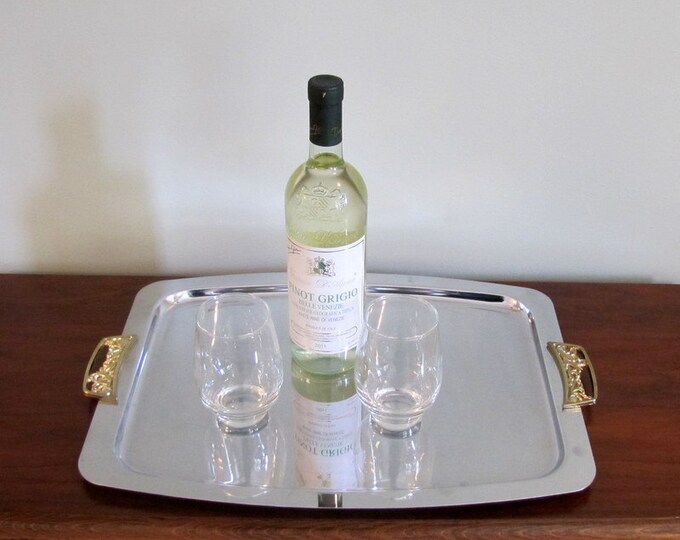 Vintage Silver Kromex Chrome Serving Tray With Gold Tone Ornate Floral ...