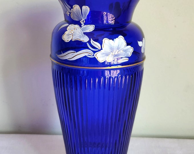 Vintage Fenton Tall Landmark Collection Glass Vase Hand Painted Cobalt ...