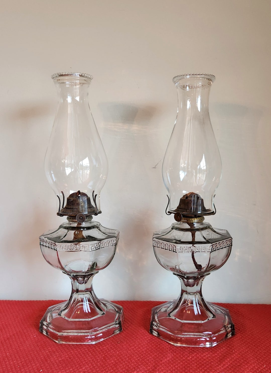 Antique Clear Glass Greek Key Oil Lamp With Octagonal Design, Sold ...