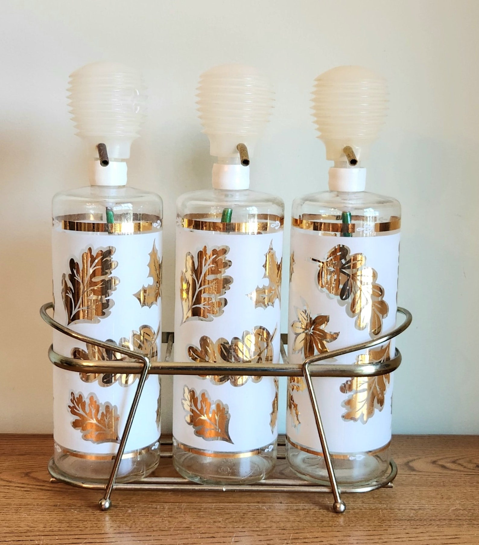 Mid Century Libby Gold Leaf Pump Decanter Set, Signed Aldon, 3 ...