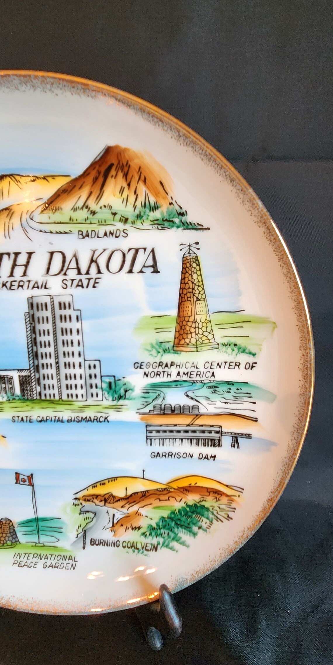 Vintage North Dakota State Souvenir Plate ND Landmarks Flickertail ...