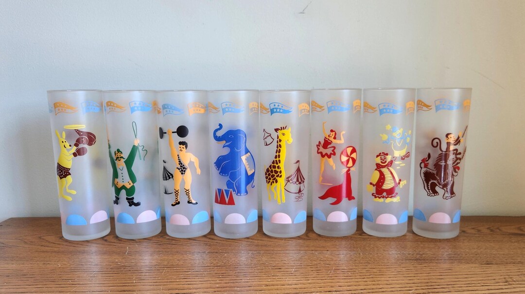 RARE Full Set of 8 Tall Frosted Circus Libbey Tumblers, Highball, Tom ...
