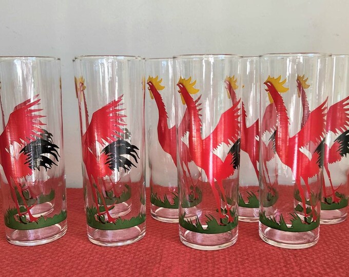 Vintage Federal Red Rooster Glass Tall Highball Tom Collins, Iced Tea ...
