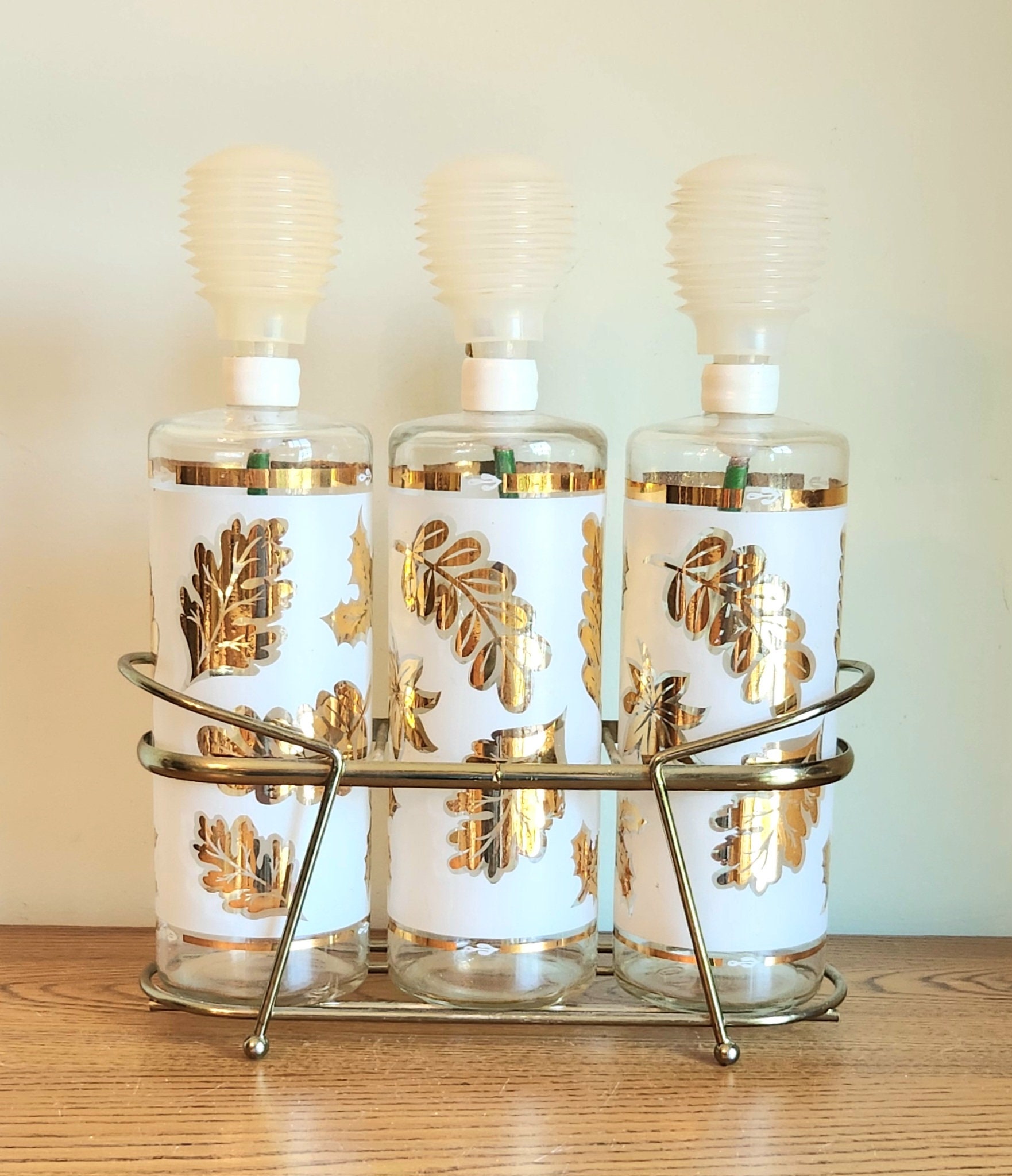 Mid Century Libby Gold Leaf Pump Decanter Set, Signed Aldon, 3 ...