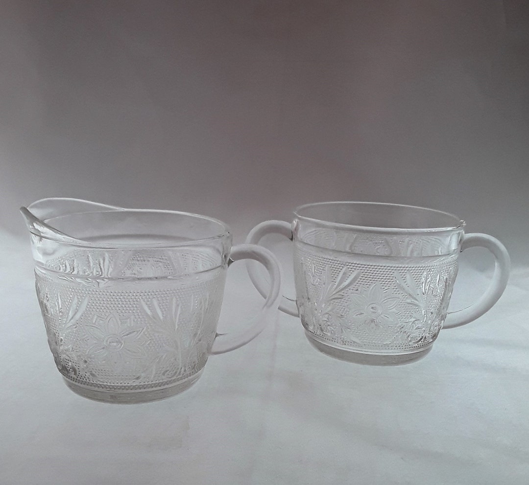 Anchor Hocking Glass Sandwich Pattern Creamer & Sugar Bowl Set Crystal ...