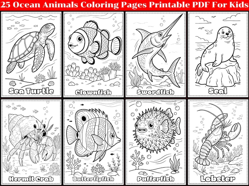 25 Ocean Animals Coloring Pages for Kids – Printable PDF Download - Etsy UK