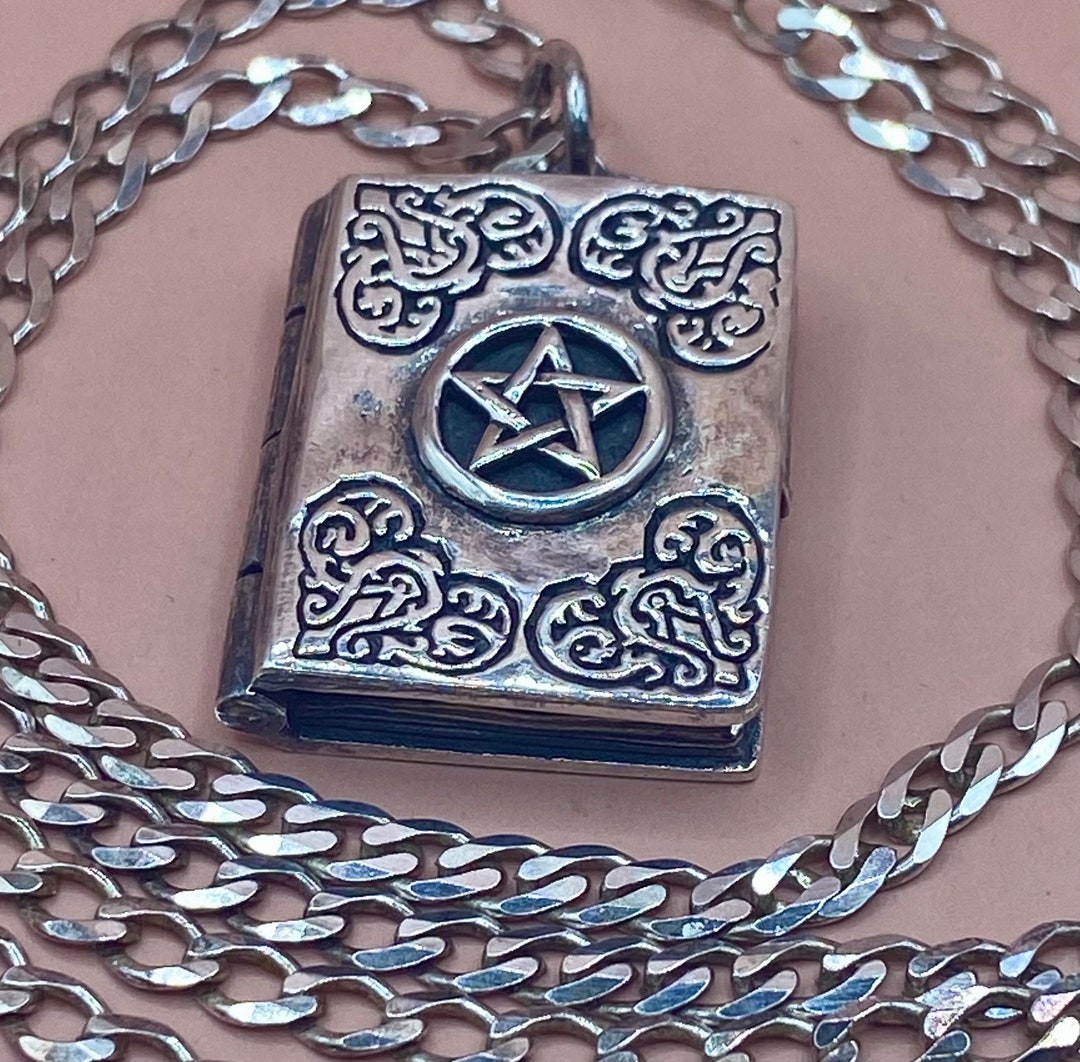 Silver Book of Spells Locket Necklace. Vintage Pagan Grimoire Sterling ...