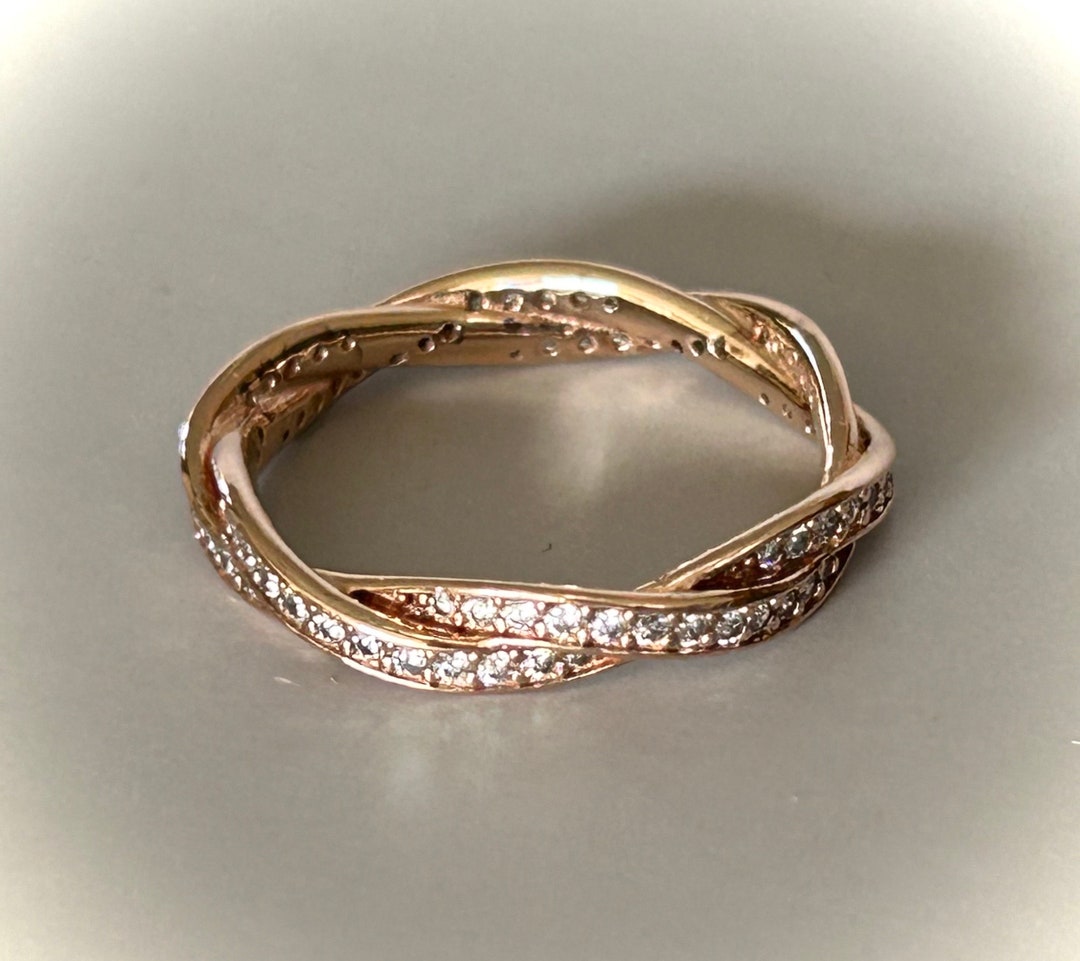 Vintage Pandora Rose Gold Plated Sparkling Twisted Lines Ring With ...