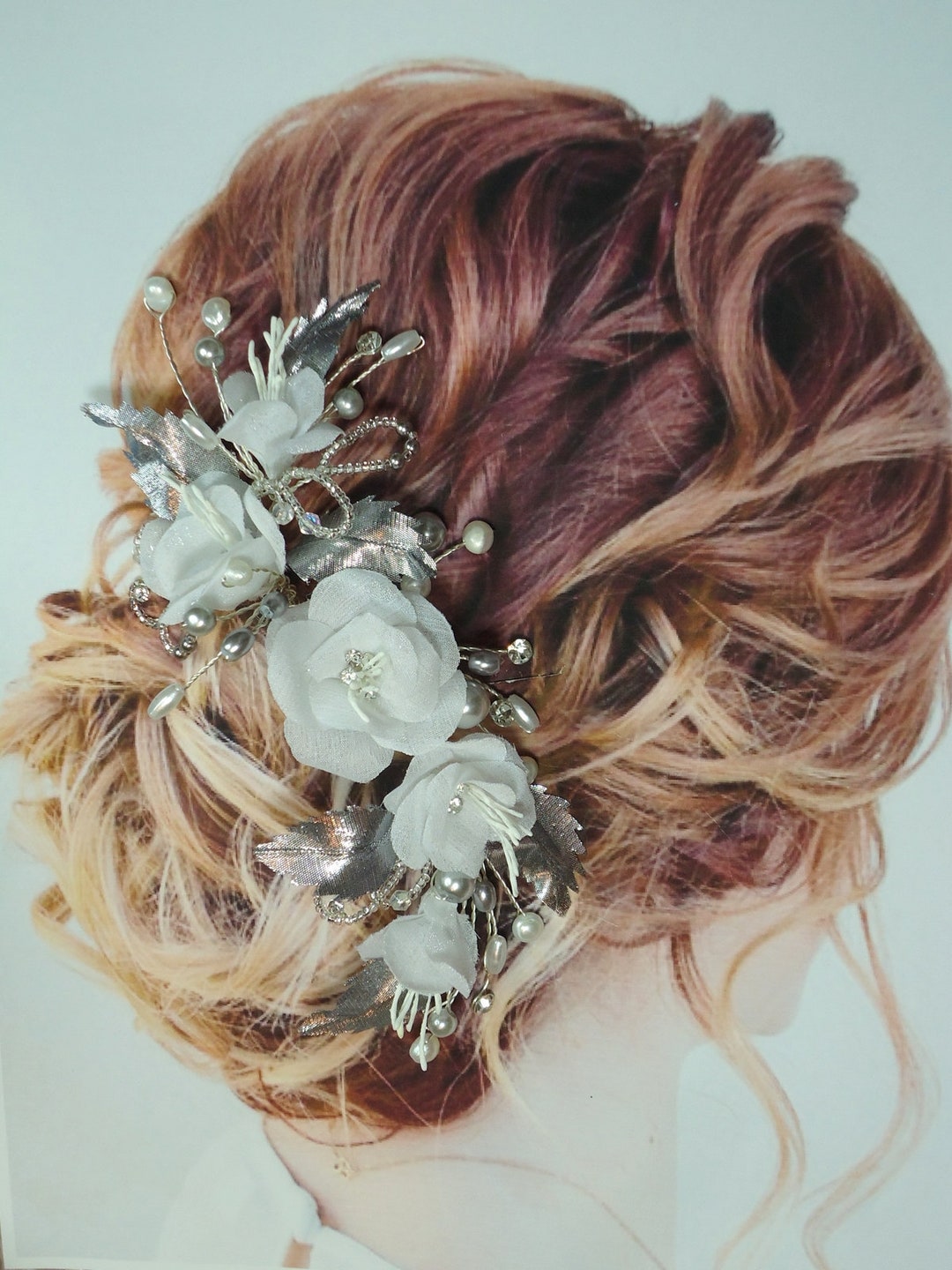 White Roses, Bridal Hair Comb, Wedding Flower Headpiece, Crystal Pearl ...