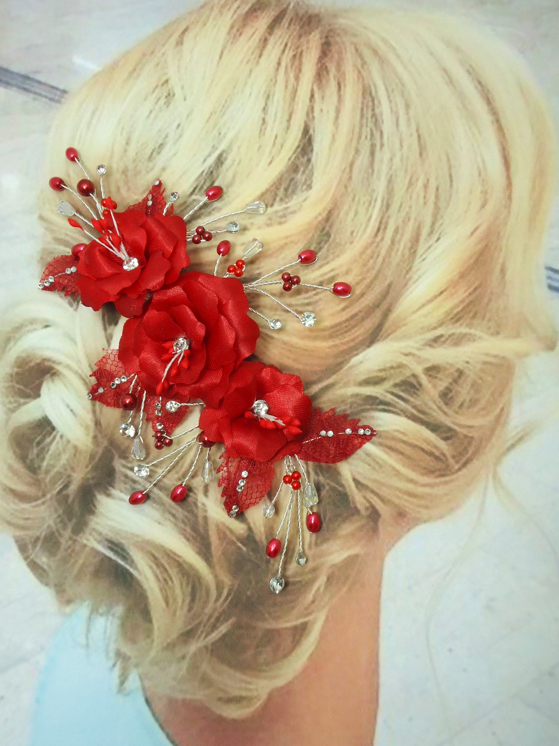 Red Rose Hair Pins, Set of 3, Bridal Hair Flowers, J411 - Etsy