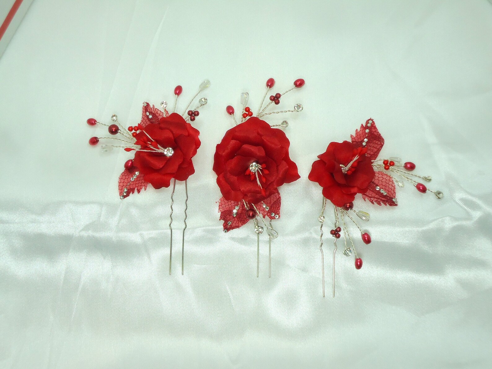 Red Rose Hair Pins Set of 3 Bridal Hair Flowers J411 - Etsy