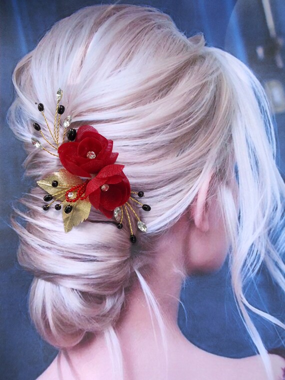 Bridal Hair Pin Red Black Hair Pin Floral Hair Pin Wedding | Etsy