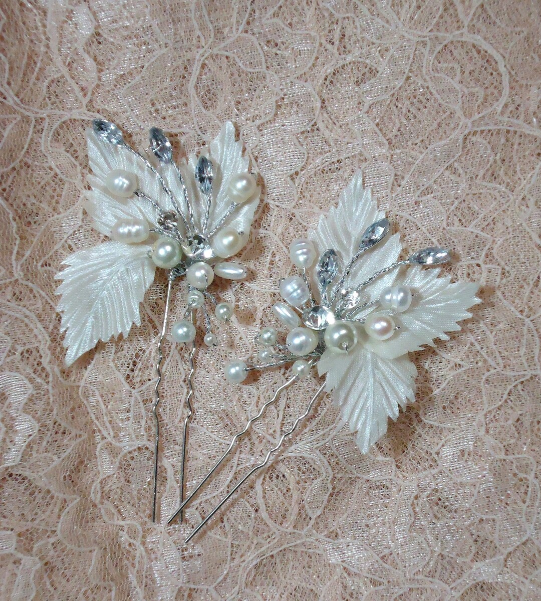 Bridal Hair Pins, Set of 2, Leaf Hair Pins, Ivory Hair Pins, Leaf Hair ...