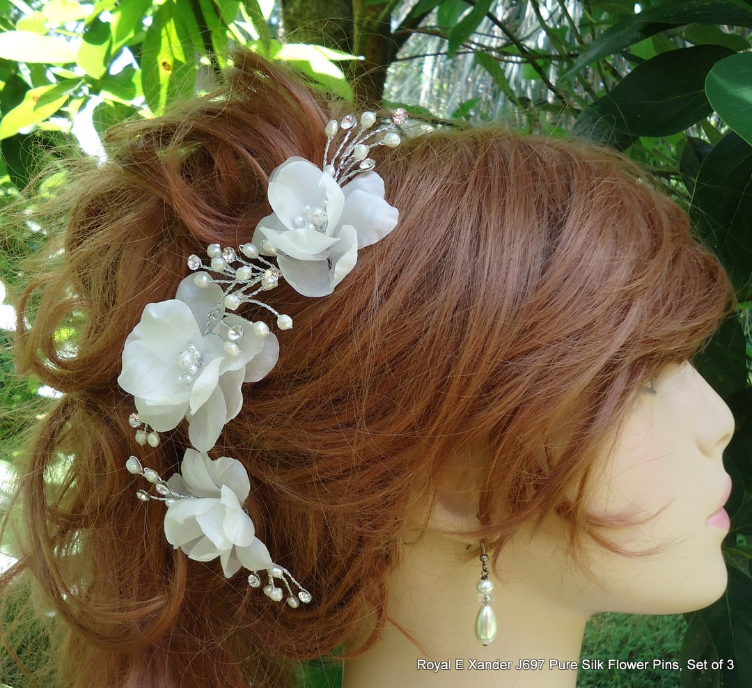 Pure Silk Hair Pins, Bridal Hair Pins, Set of 3, Floral Hair Pins ...