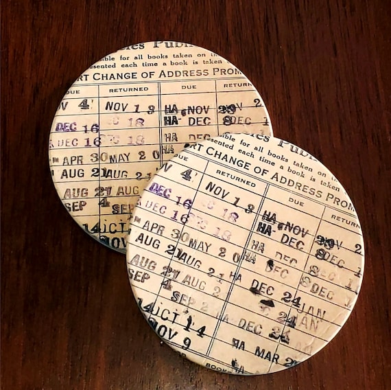 Library Card Coaster Set of 2 Sandstone Round Coasters - Etsy
