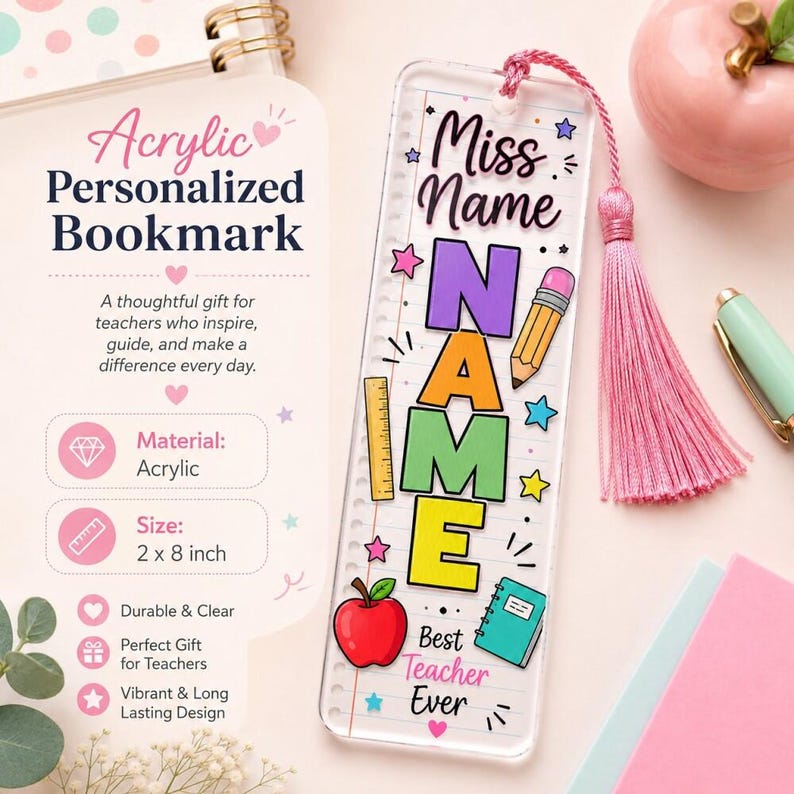 Custom Acrylic Bookmark With Name, Composition Notebook Style, Teacher ...